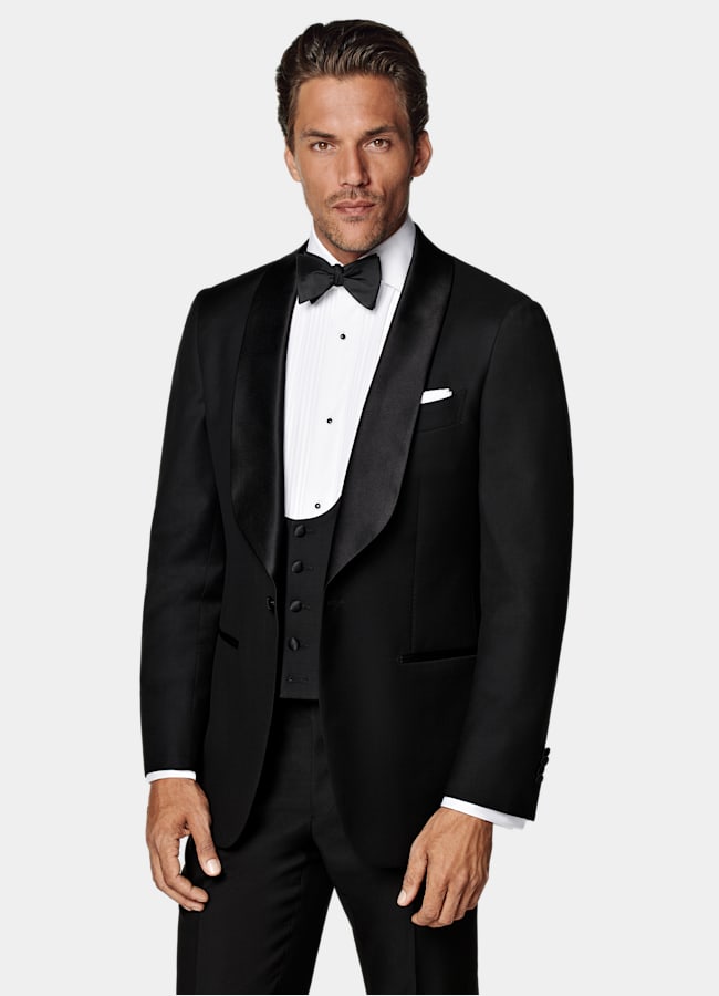 Black Three-Piece Tailored Fit Havana Tuxedo in Pure S110's Wool ...