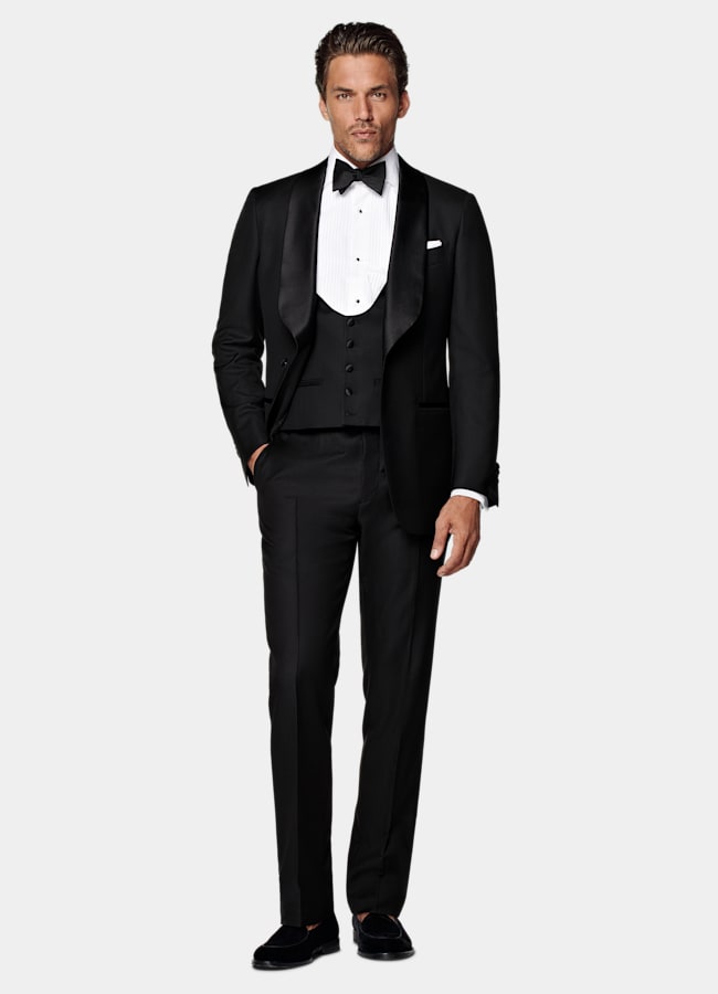 Black Three-Piece Tailored Fit Havana Tuxedo in Pure S110's Wool ...
