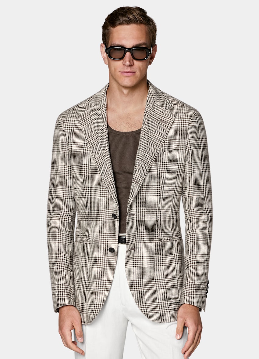 Mid Brown Checked Relaxed Fit Roma Blazer in Pure Linen | SUITSUPPLY