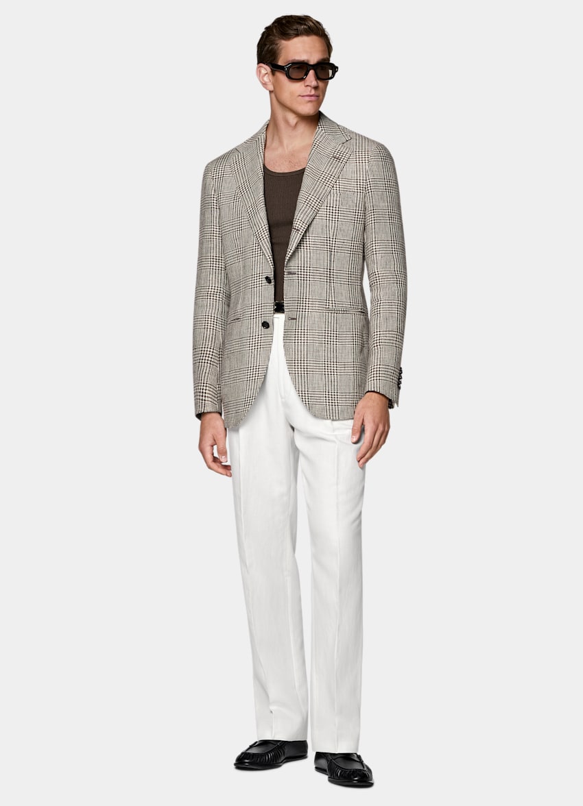 Mid Brown Checked Relaxed Fit Roma Blazer in Pure Linen | SUITSUPPLY