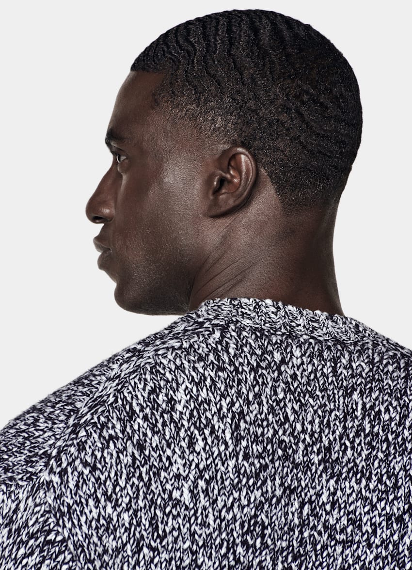 Black & White Mouliné Crewneck in Cotton Wool | SUITSUPPLY