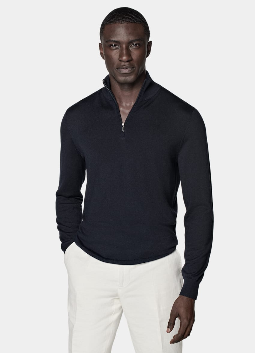 Navy Half Zip in Mulberry Silk, Australian Wool, Mongolian Cashmere ...