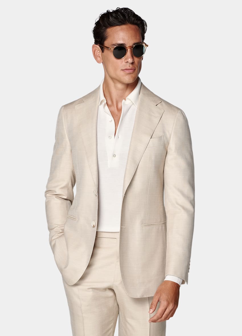 Sand Herringbone Tailored Fit Havana Suit in Wool Silk Linen ...