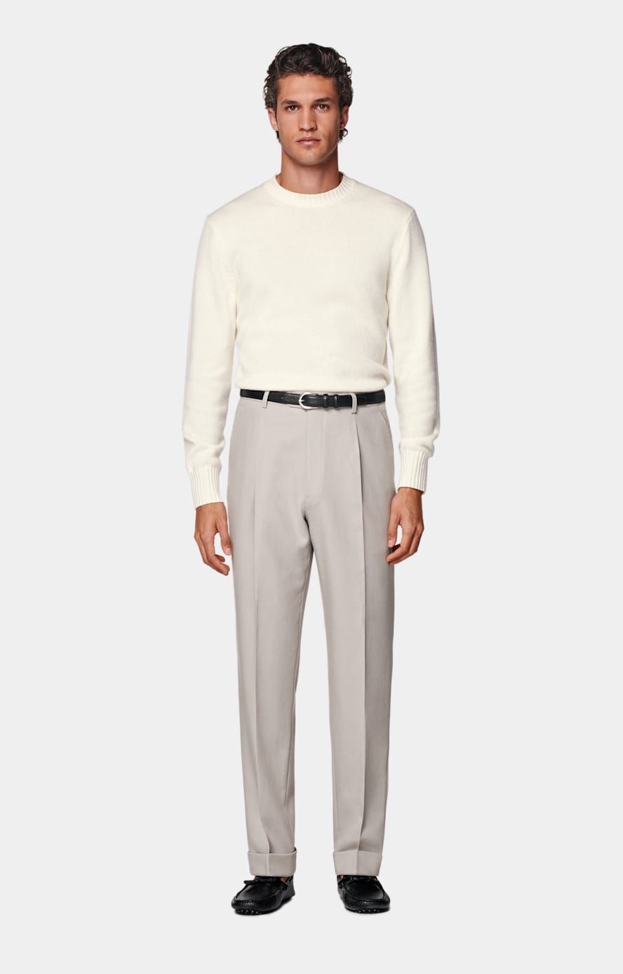 Light Taupe Wide Leg Tapered Pants in Pure 4-Ply Traveller Wool ...