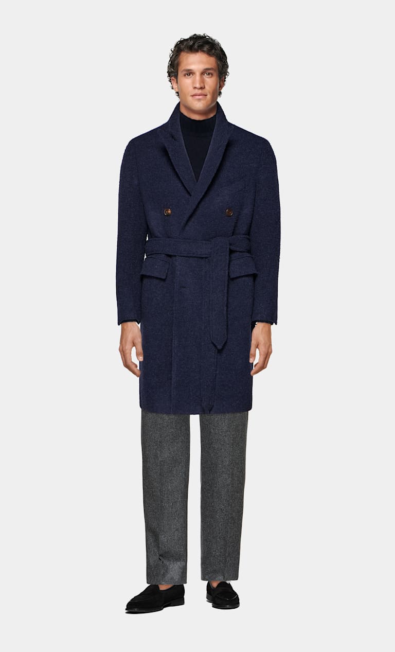 Mid Blue Belted Overcoat in Alpaca Polyamide | SUITSUPPLY US