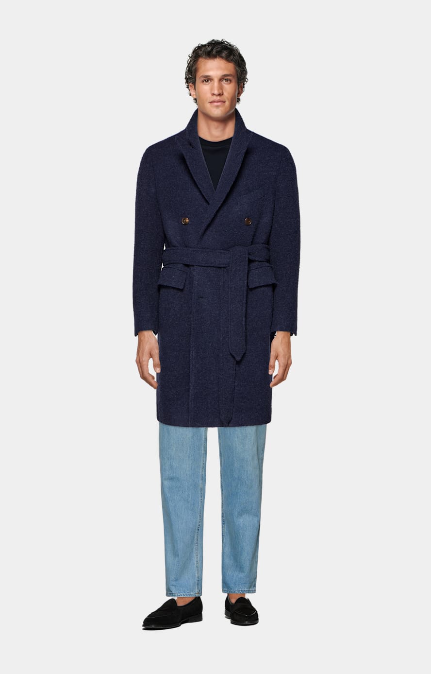 Mid Blue Belted Overcoat in Alpaca Polyamide | SUITSUPPLY US