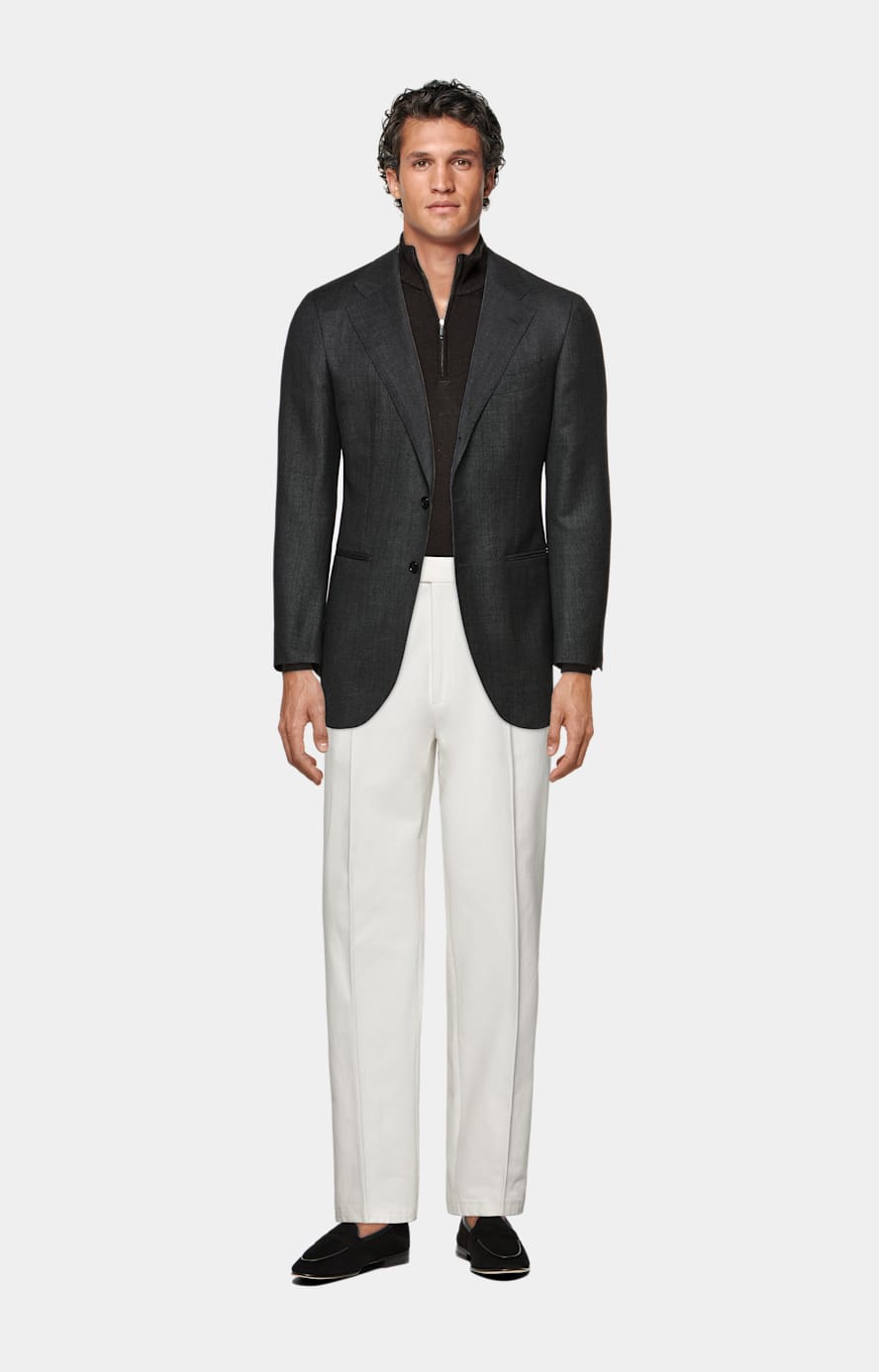 Dark Grey Bird's Eye Tailored Fit Havana Suit Jacket in Pure S130's ...