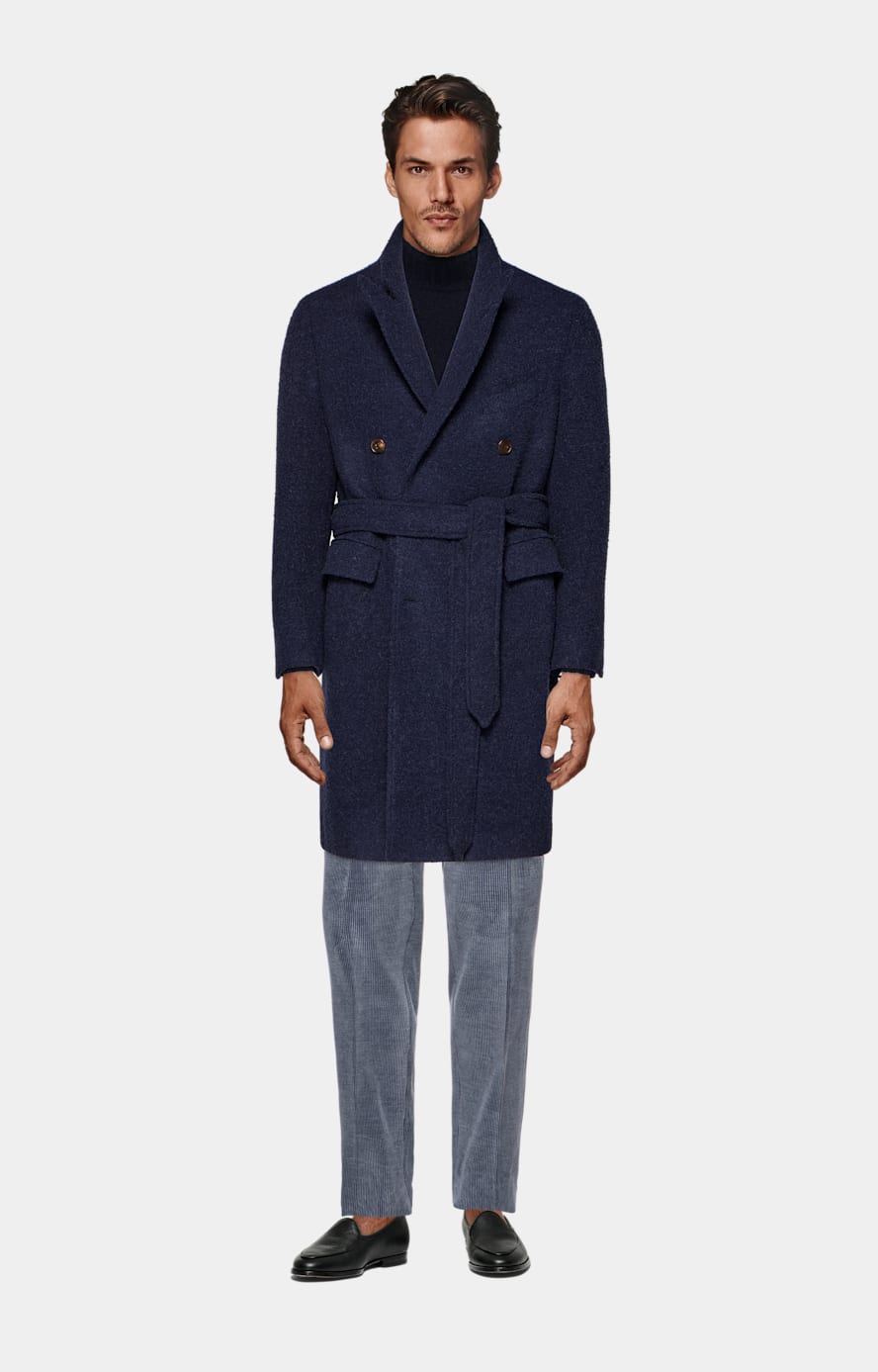 Mid Blue Belted Overcoat in Alpaca Polyamide | SUITSUPPLY | SUITSUPPLY ...