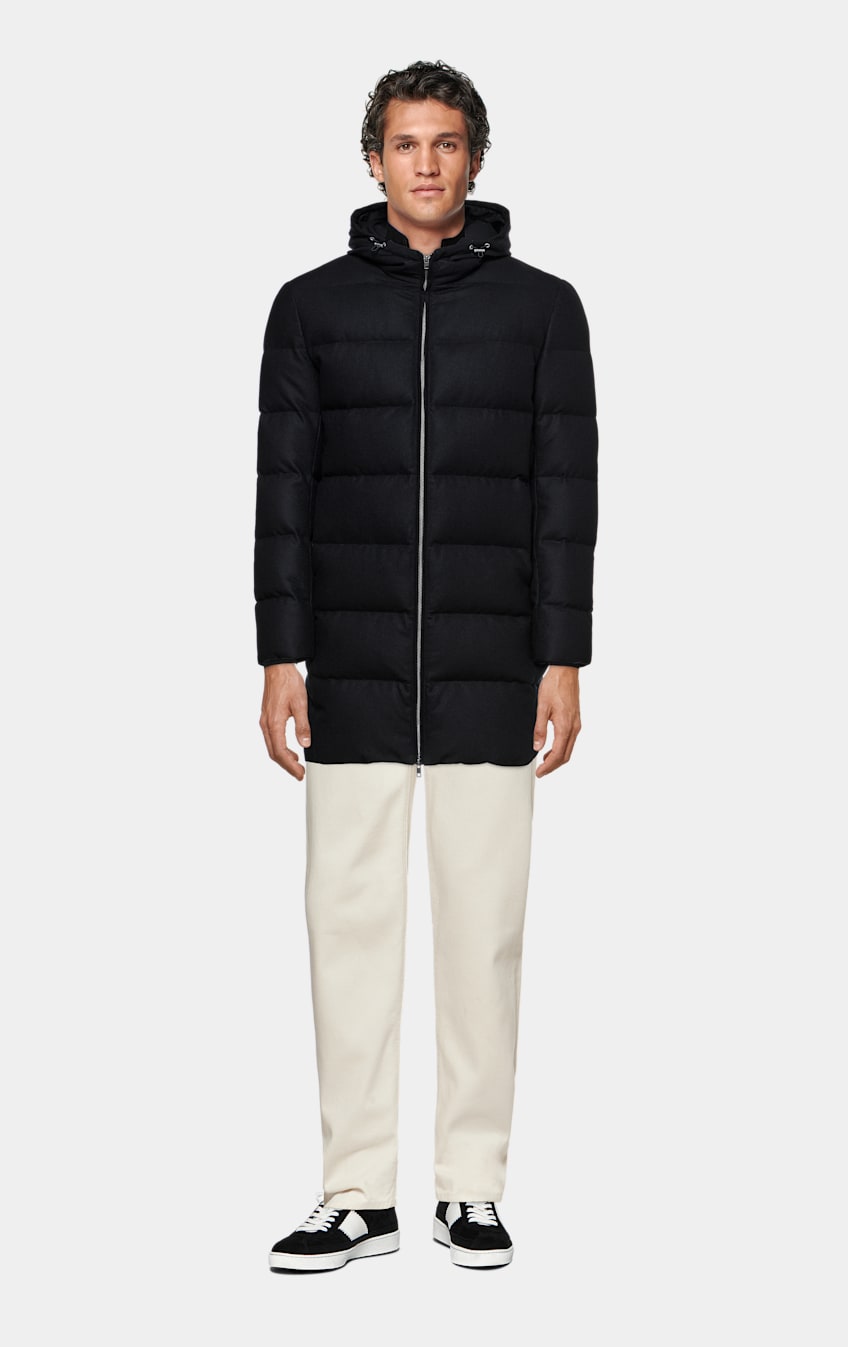 Navy Long Down Jacket in Water-Repellent Wool Blend | SUITSUPPLY Canada