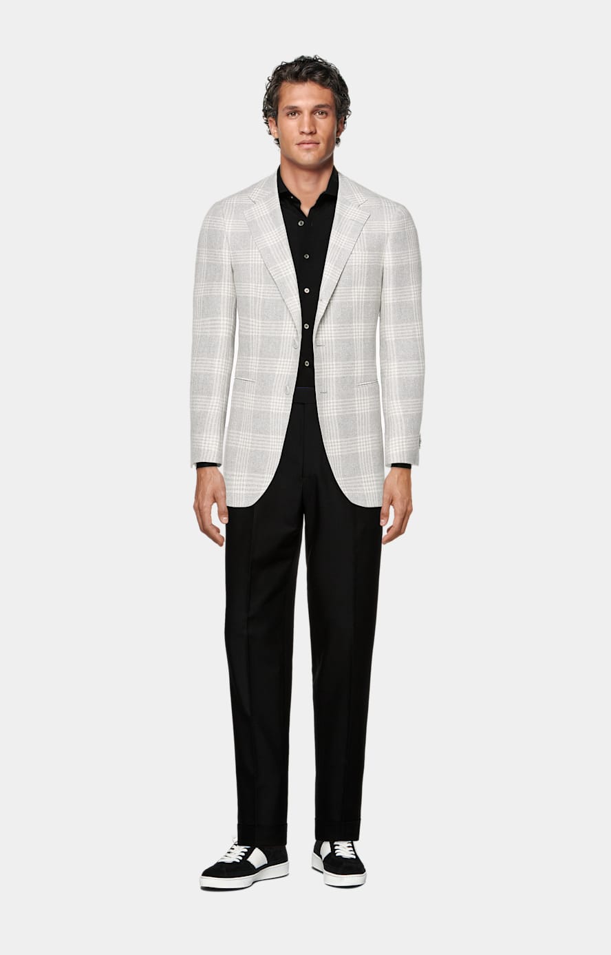 Light Grey Checked Tailored Fit Havana Blazer in Linen Silk Wool Cotton ...
