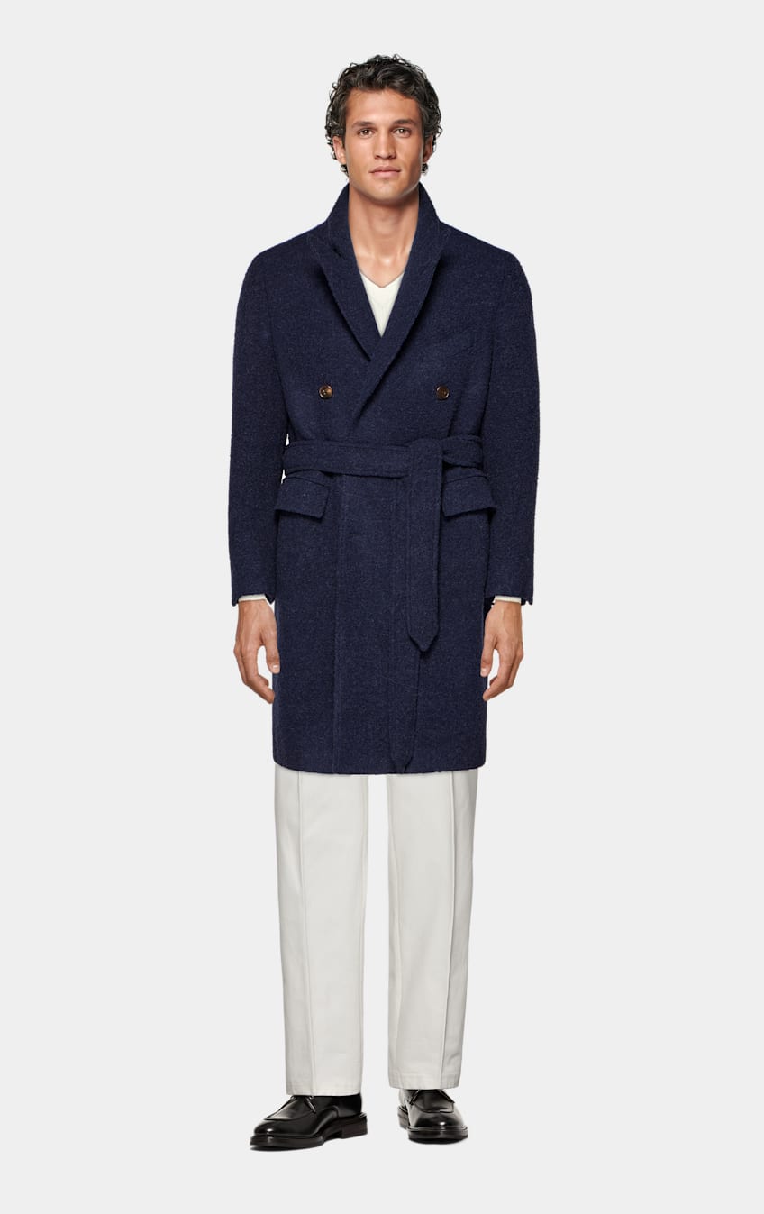 Mid Blue Belted Overcoat in Alpaca Polyamide | SUITSUPPLY US